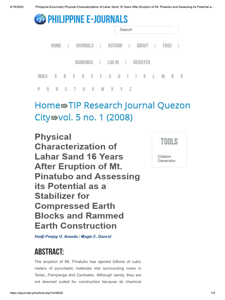 Physical Characterization of Lahar Sand From Mt. Pinatubo (Volcanic ...