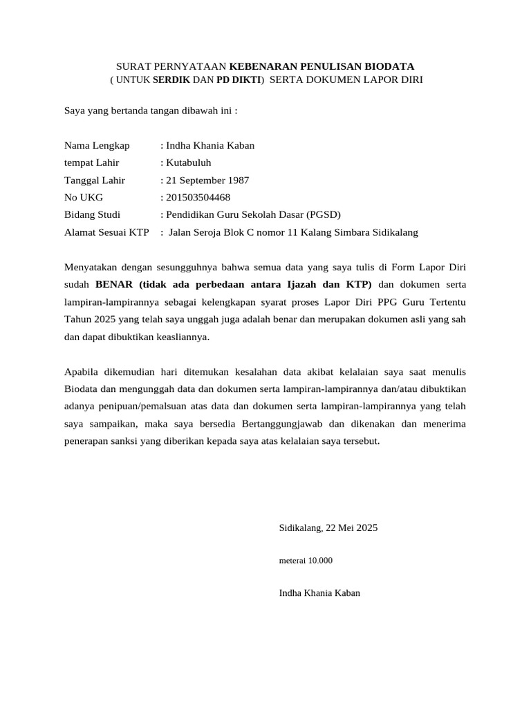 Master Surat Pernyataan Kebenaran Data Serta Dokumen Yang Dilaporkan | PDF