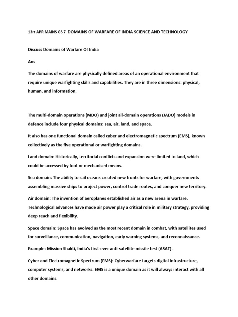 13rr APR MAINS GS 7 DOMAINS OF WARFARE OF INDIA SCIENCE AND TECHNOLOGY ...