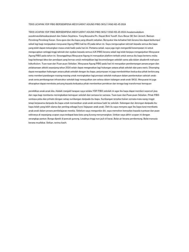 Teks Ucapan Ydp Pibg Bersempena Mesyuarat Agung Pi | PDF