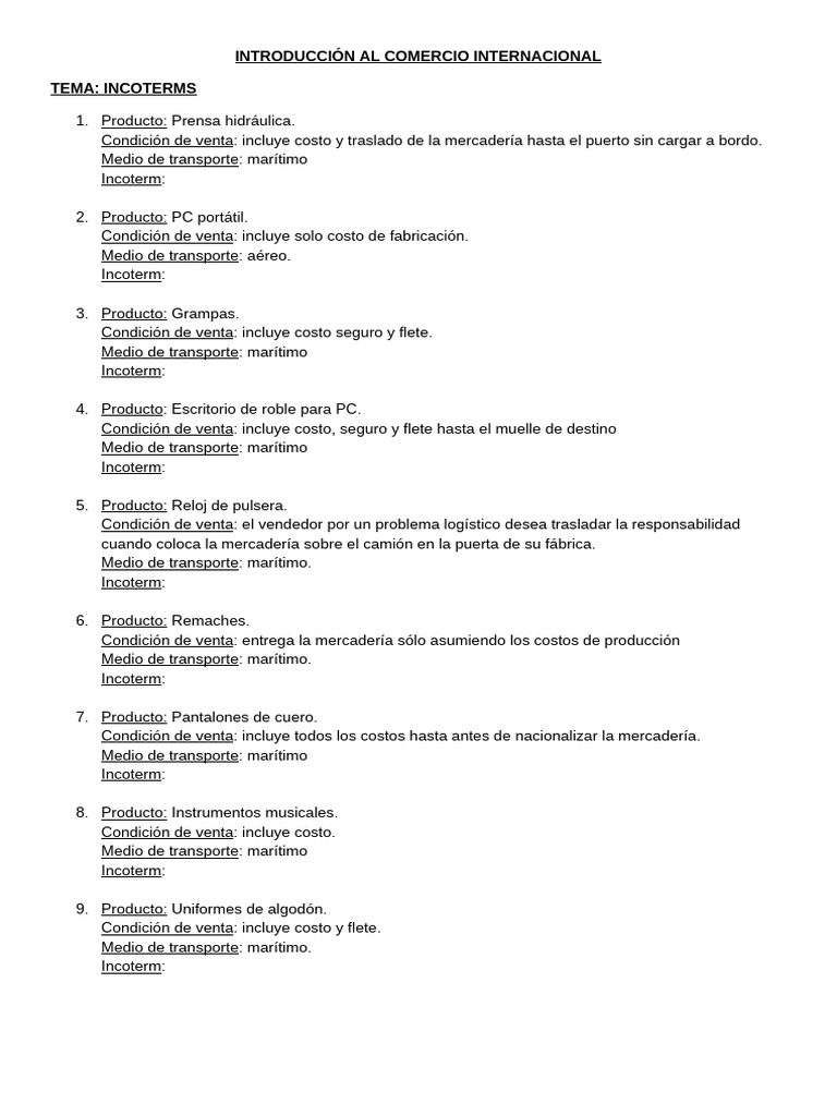EJERCICIOS INCOTERMS Teoria | PDF | Transporte de mercancías | Gestión de la cadena de suministro
