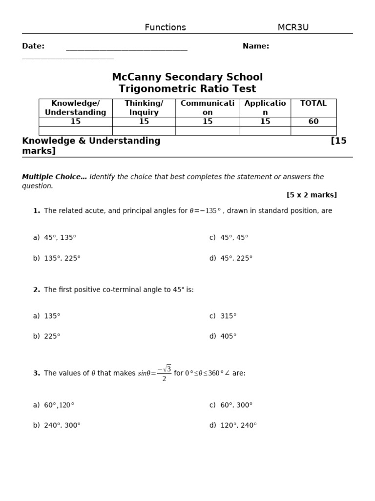 MCR3U Trigonometry Test Overview | PDF | Trigonometric Functions | Angle