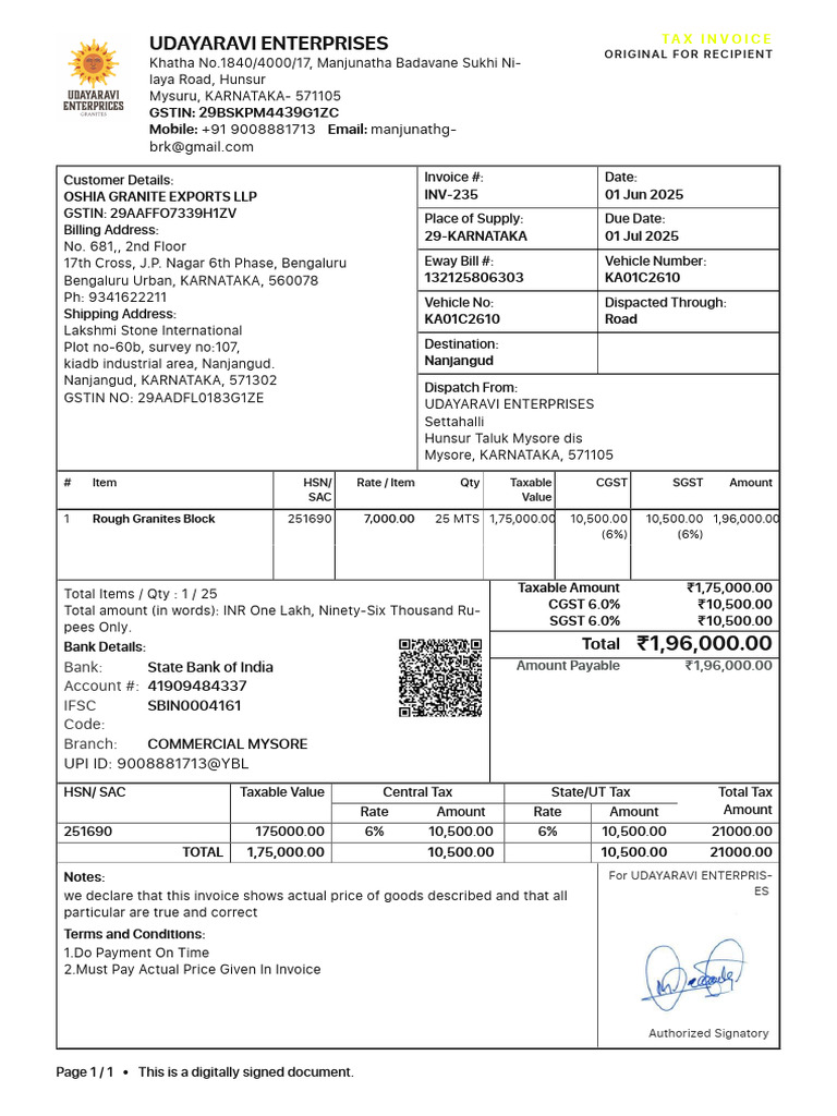 Udayaravi Enterprises Invoice Summary | PDF | Taxes | Payments