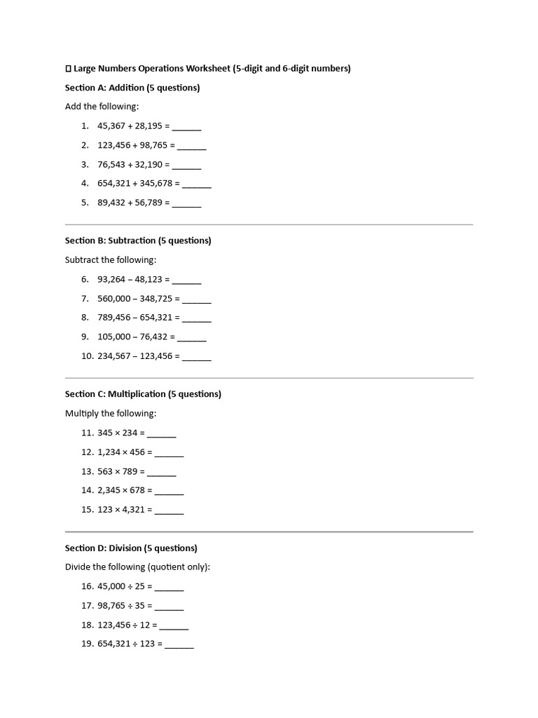 Large Numbers Operations Worksheet | PDF