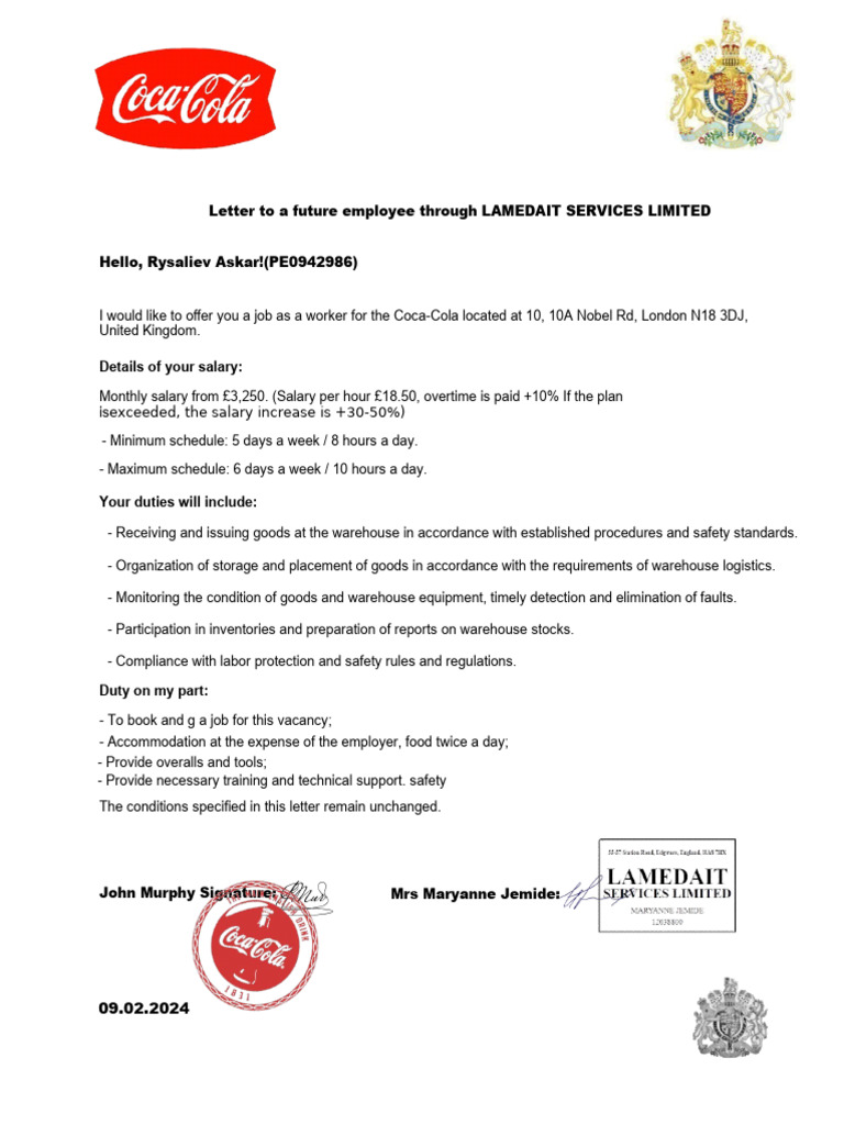 Employment Letter To Work in Coca Cola | PDF