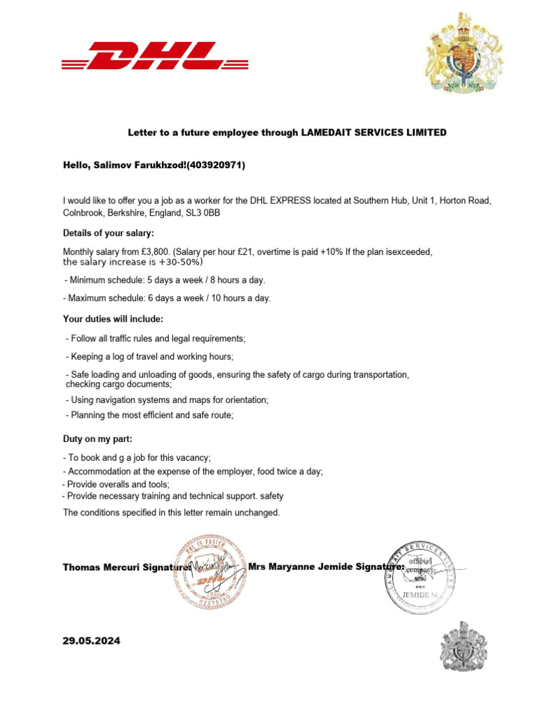Employment Letter To Work in DHL EXPRESS | PDF