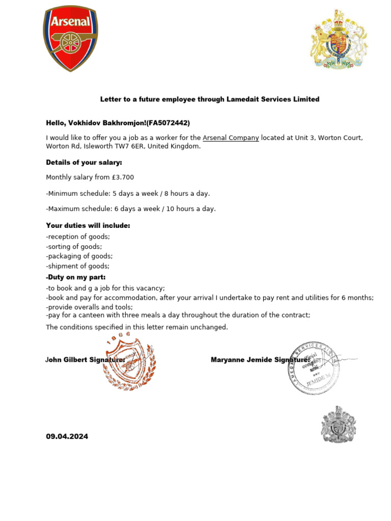 Employment Letter To Work in Arsenal | PDF