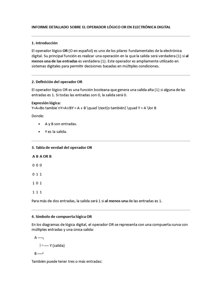 Informe Detallado Sobre El Operador Lógico or en Electrónica Digital ...