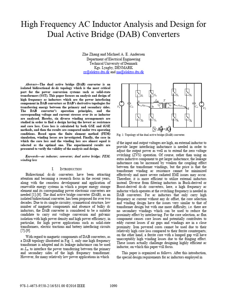High Frequency AC Inductor Analysis and Design For Dual Active Bridge DAB Converters | PDF ...