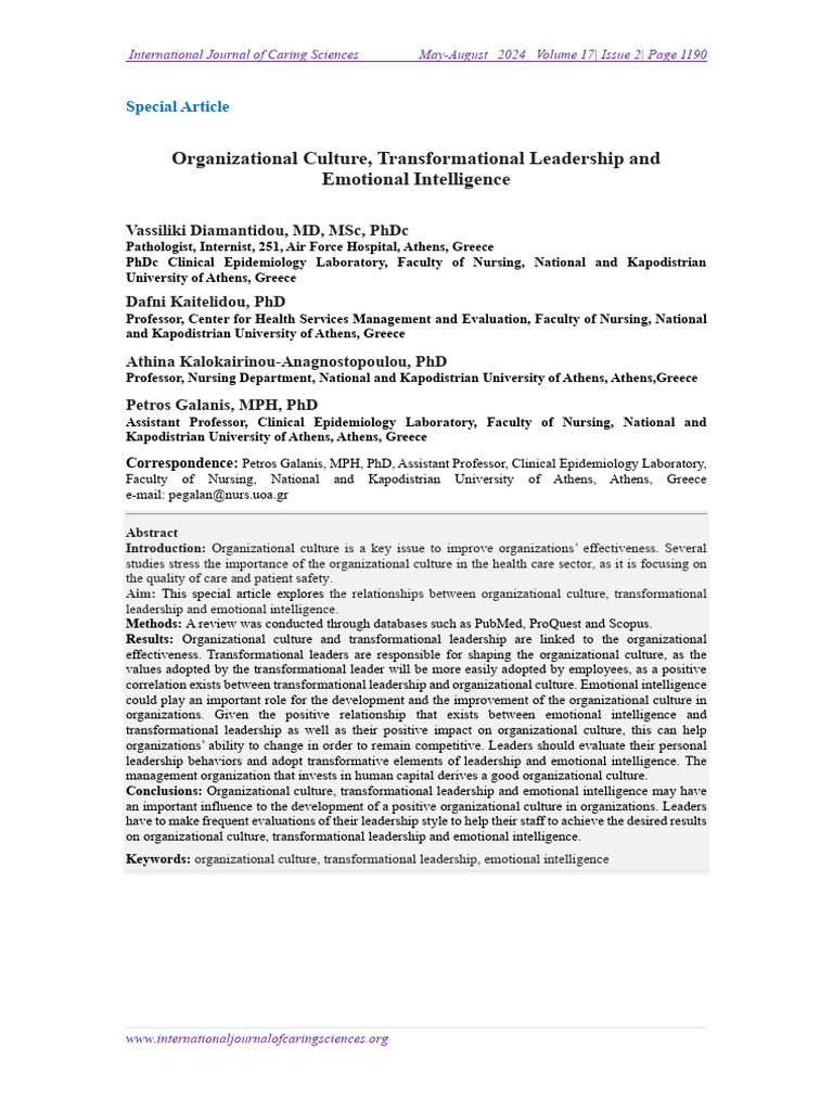 Organizational Culture, Transformational Leadership and Emotional Intelligence | PDF ...