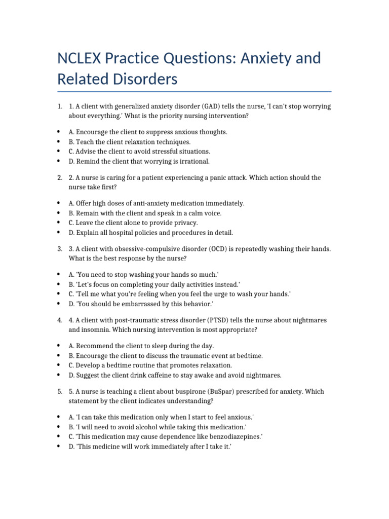 NCLEX Questions on Anxiety Disorders | PDF | Anxiety | Anxiety Disorder
