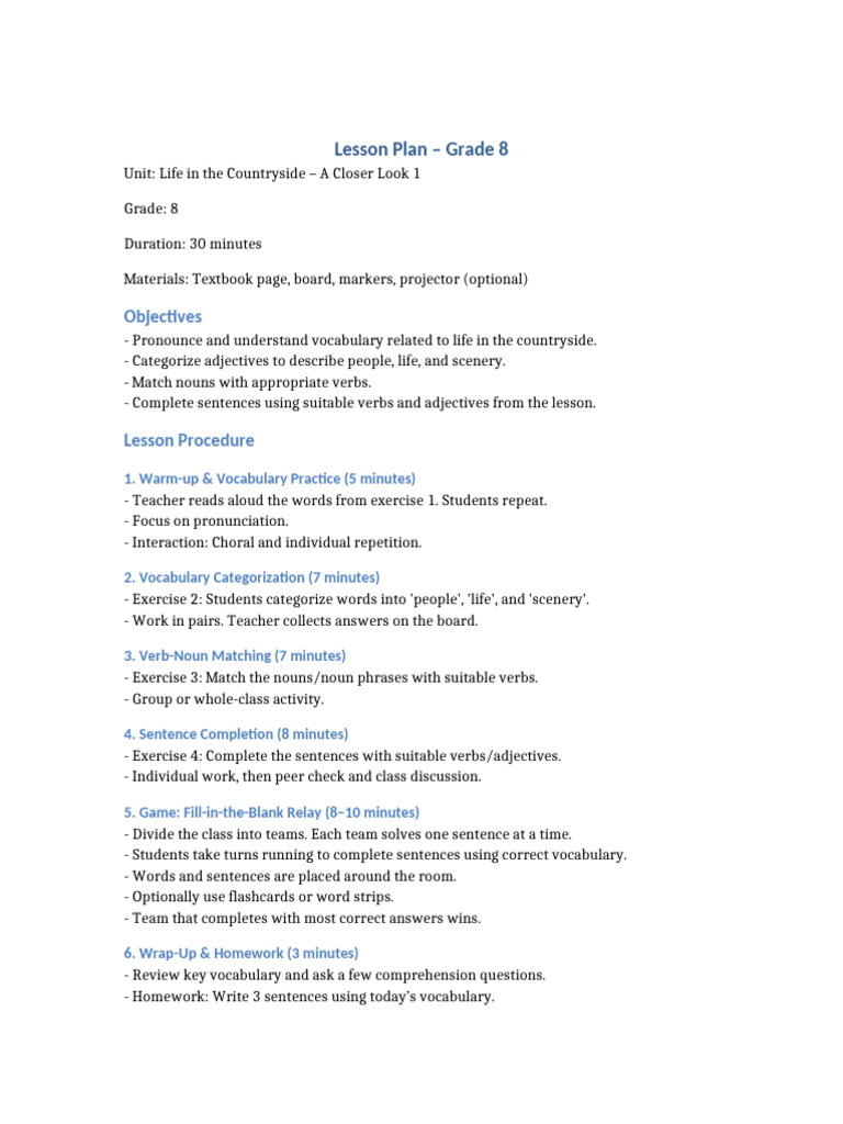 Lesson Plan Grade 8 Life in The Countryside | PDF