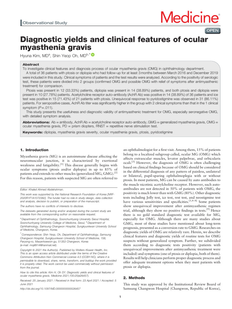 Diagnostic Yields and Clinical Feature of Ocular Myastennia Gravis ...