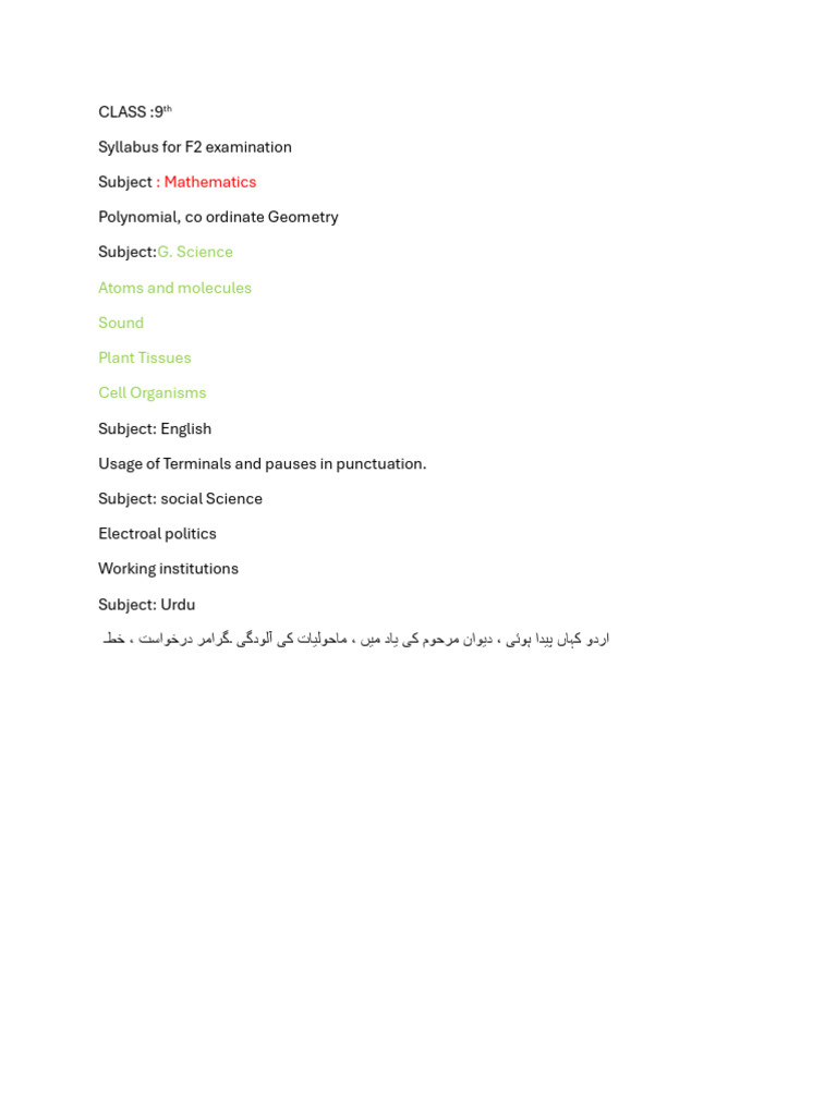 Mathematics: Class:9 Syllabus For F2 Examination Subject Polynomial, Co ...