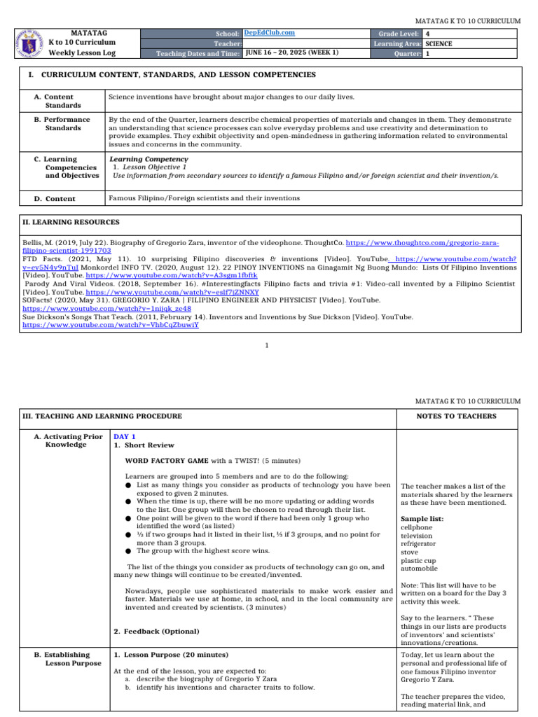 DLL Matatag - Science 4 q1 w1 | PDF