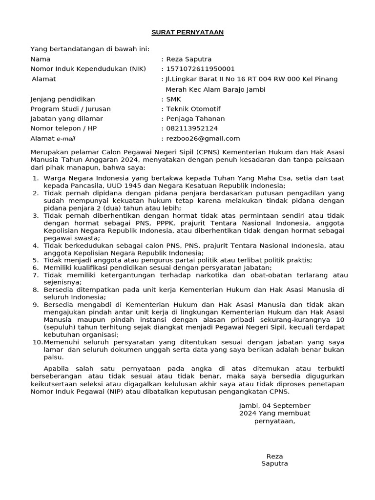 Surat Pernyataan Reza | PDF