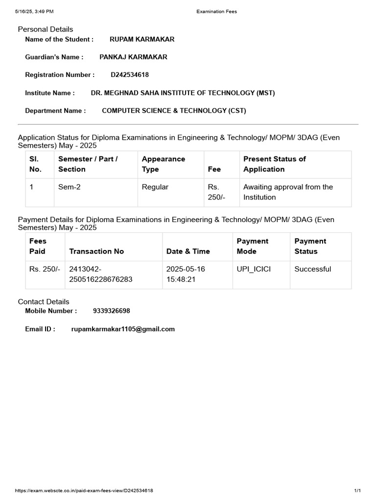 2nd Semester Examination Form Fillup of Rupam Karmakar - 2025 | PDF