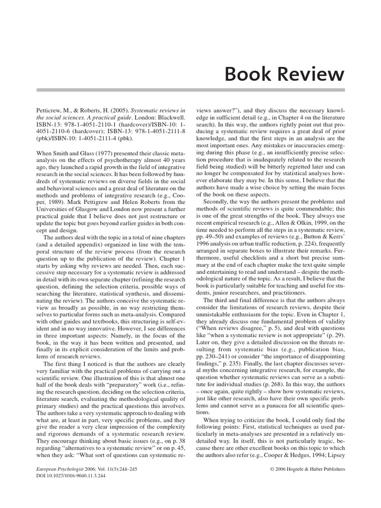 Book Review: Systematic Reviews in The Social Sciences. A Practical ...