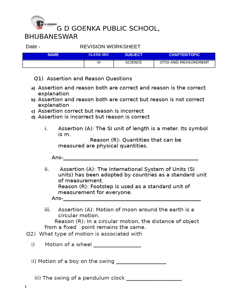 Class 6 Motion 1o.o2 Revision Worksheet | PDF | Length | Metre