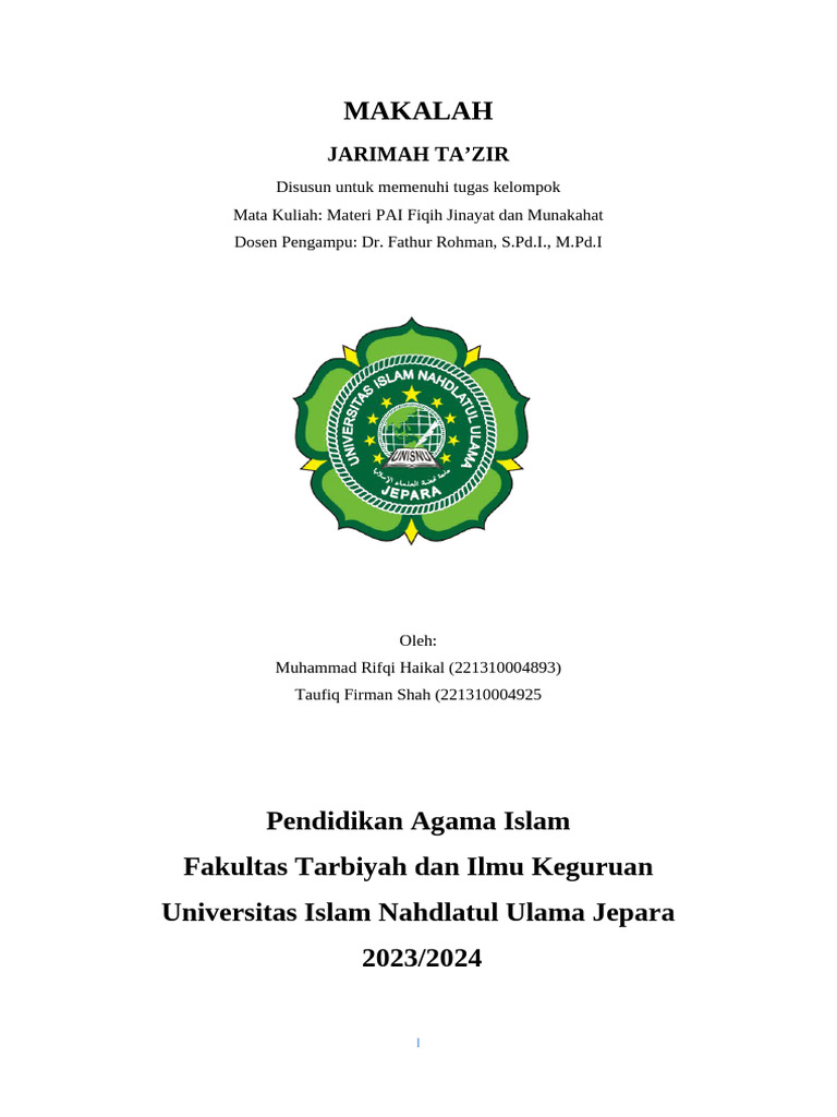 Macam-Macam Jarimah Ta'zir dan Sanksinya | PDF