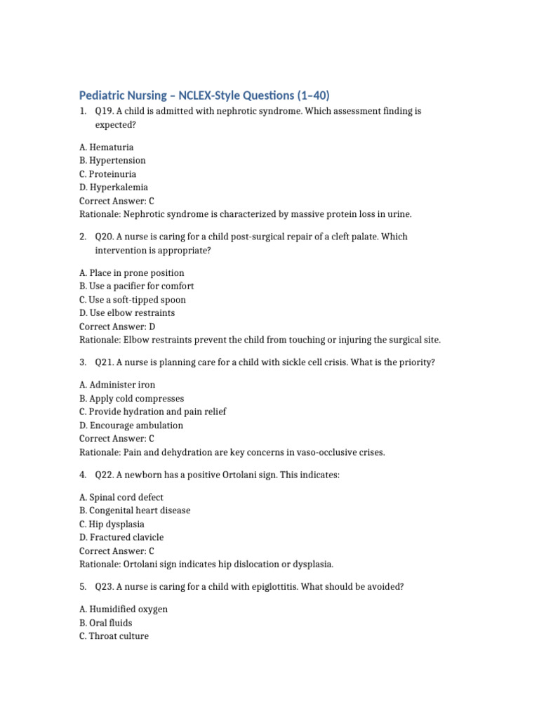 Pediatric NCLEX Questions 1-40 | PDF | Medical Specialties | Diseases ...