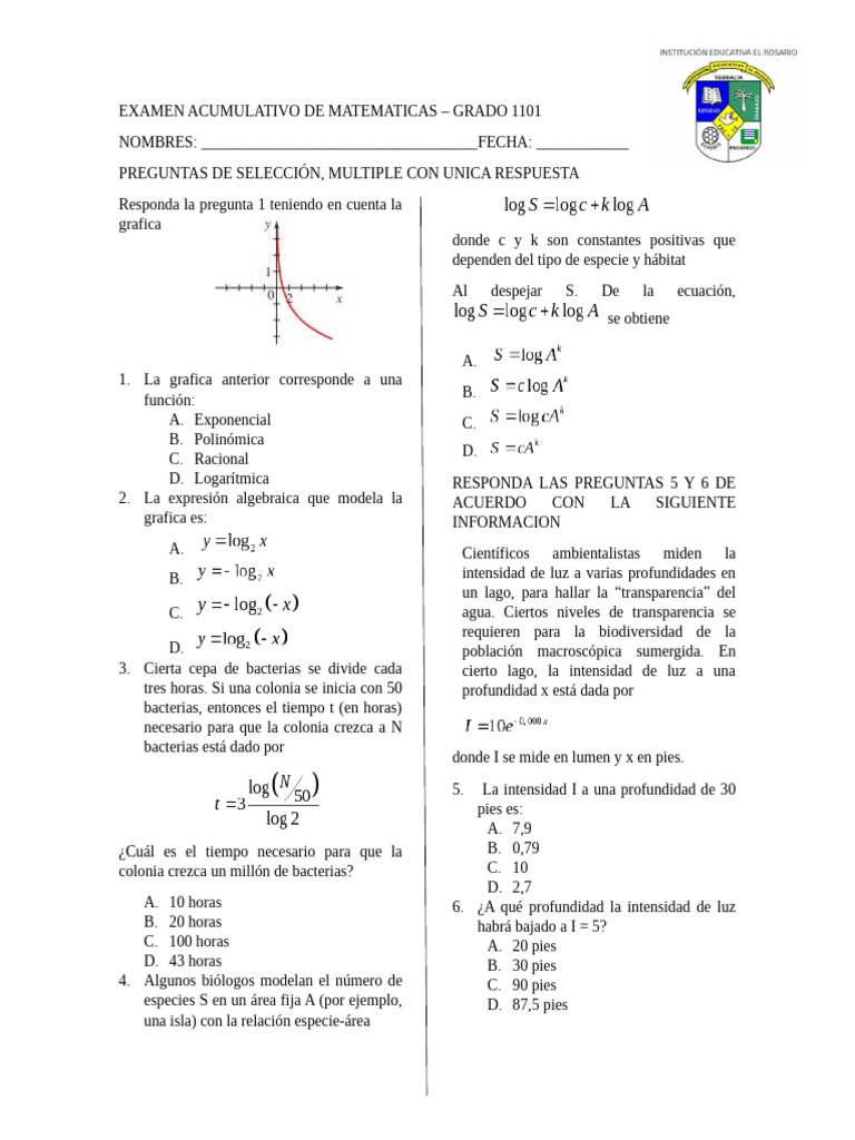 Examen Acumulativo de Matematicas 1101 | PDF | Decibel | Sonido