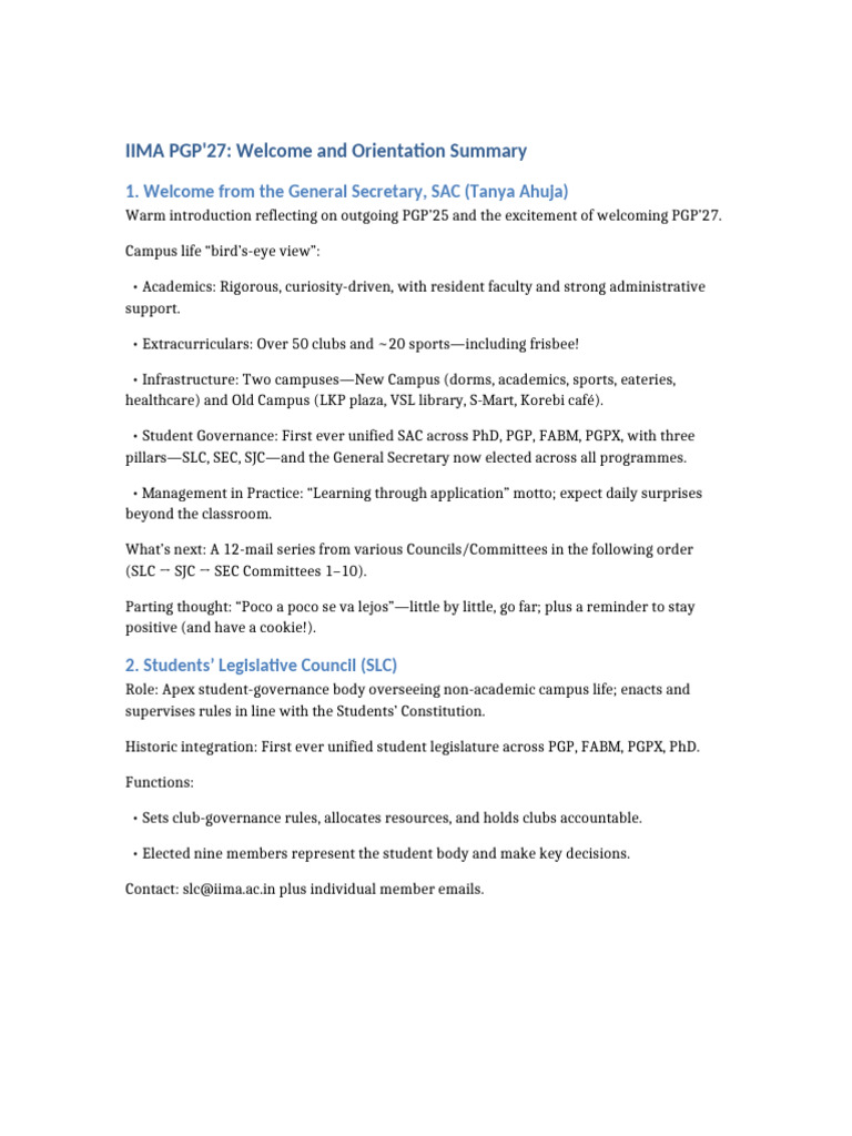 IIMA PGP27 Welcome Summary | PDF