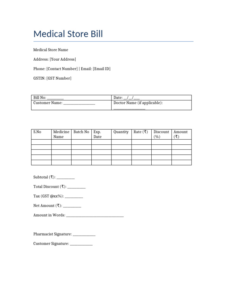 Medical Store Bill Format Template | PDF