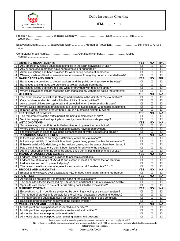 FM - gn.44-01 EXCAVATION Daily Inspection Checklist | PDF | Safety ...