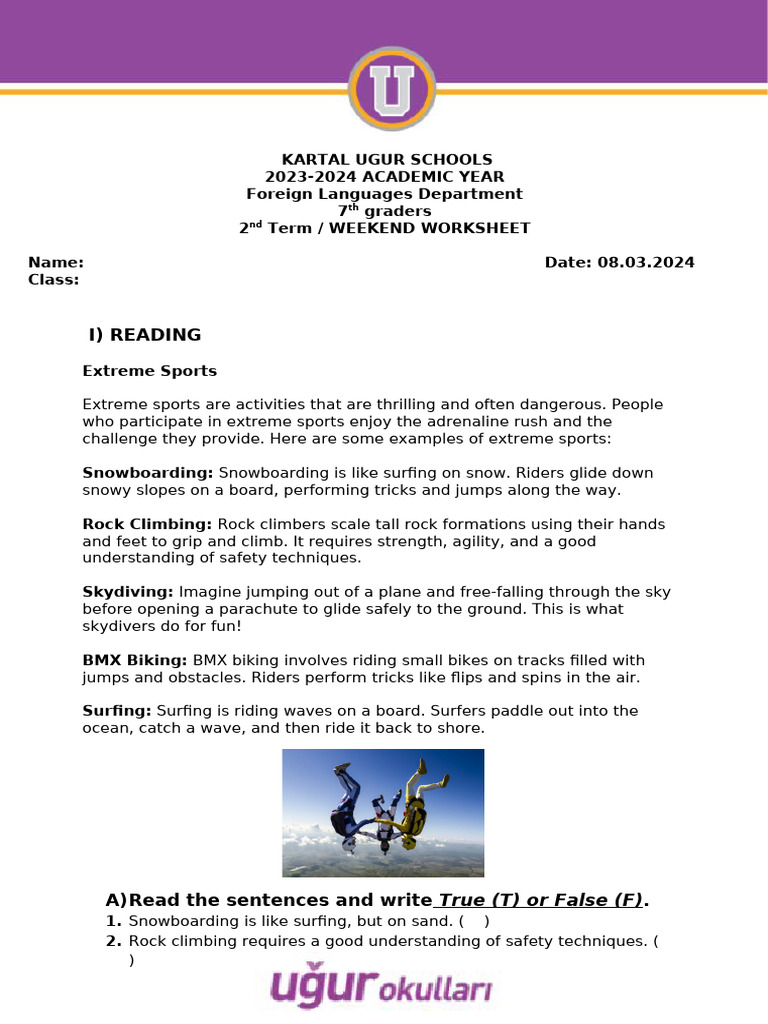 7th Graders Weekend Worksheet 08.03.2024 | PDF | Parachuting | Outdoor ...