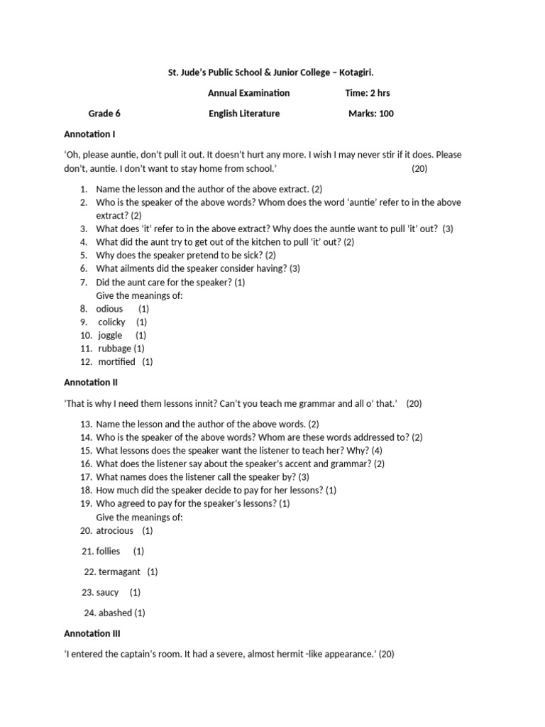 6 Eng Lit Question Paper | PDF