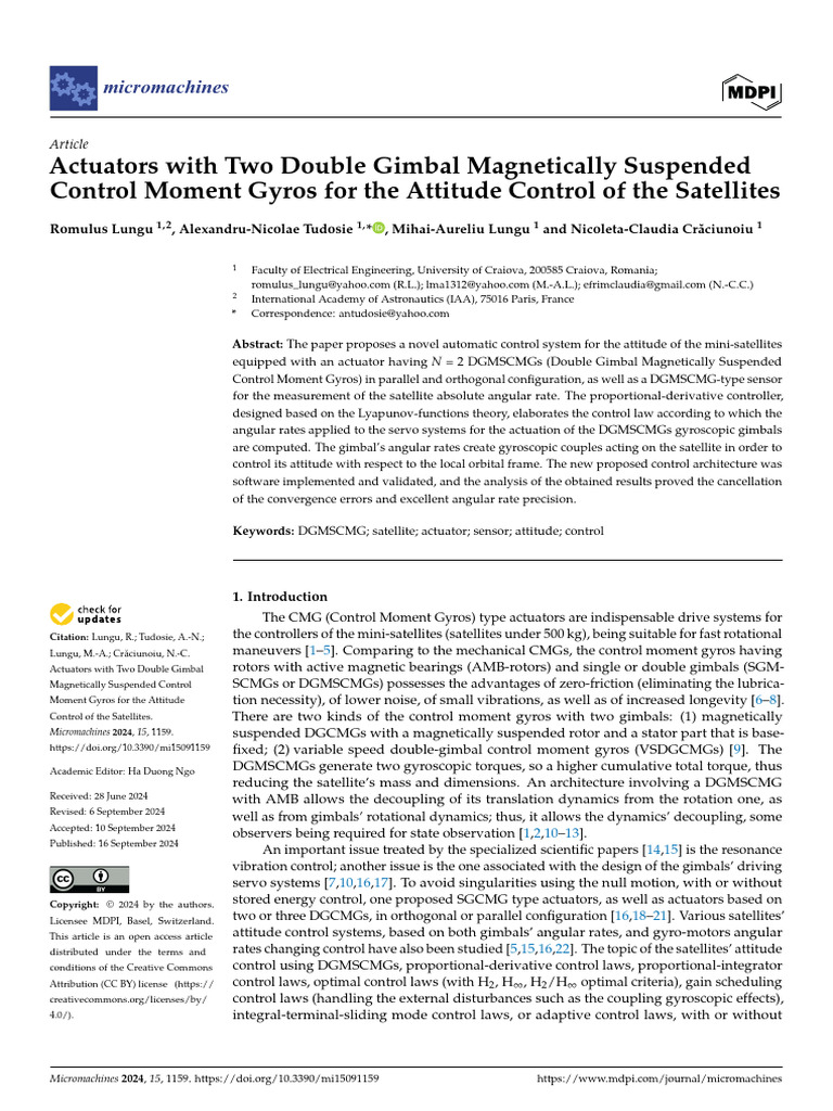 10 Actuators With Two Double Gimbal Magnetically Suspended Control Moment Gyros For The Attitude ...
