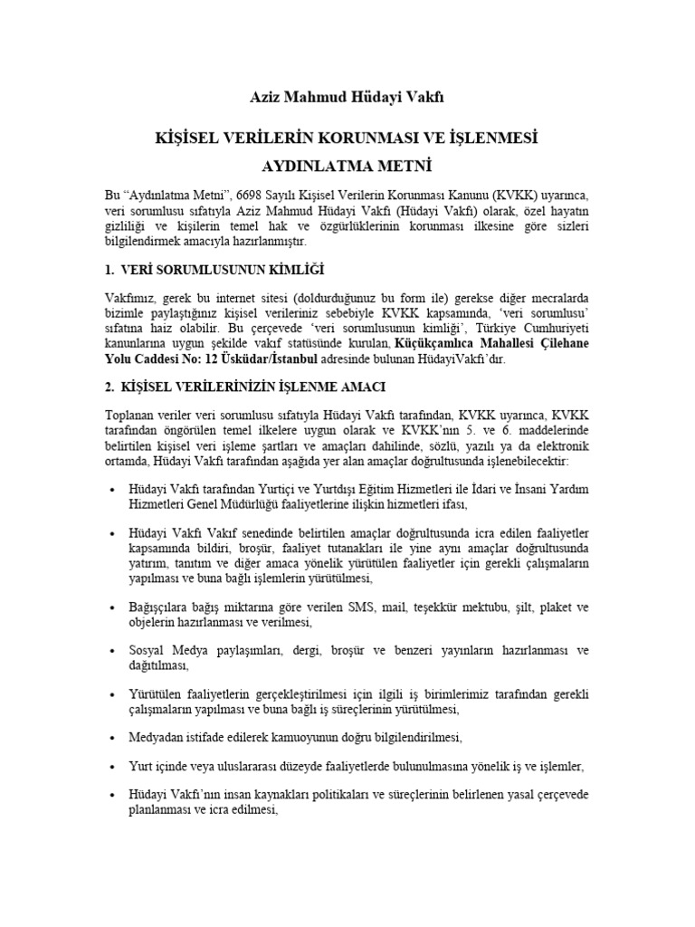 Hudayi Vakfi Aydinlatma Metni | PDF