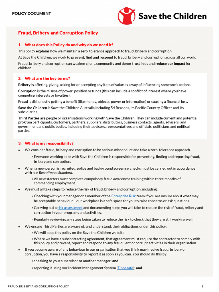 Save the Children Anti-Corruption Policy | PDF | Bribery | Corruption