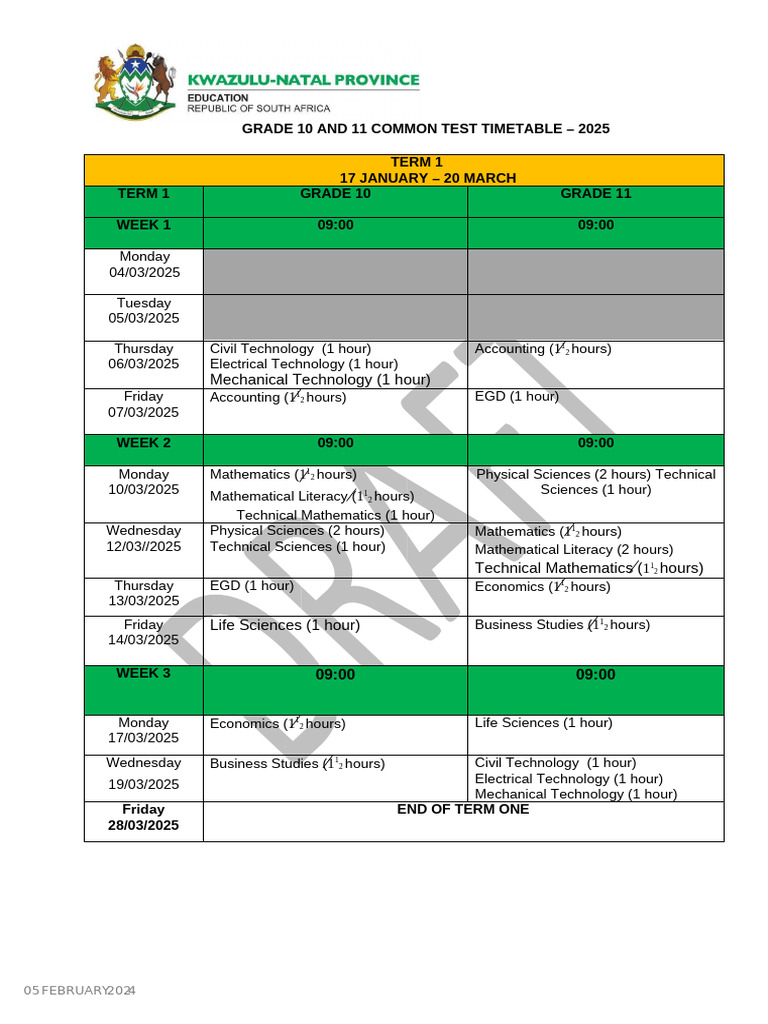 KZN Common Test Timetable 2025 | PDF | Science