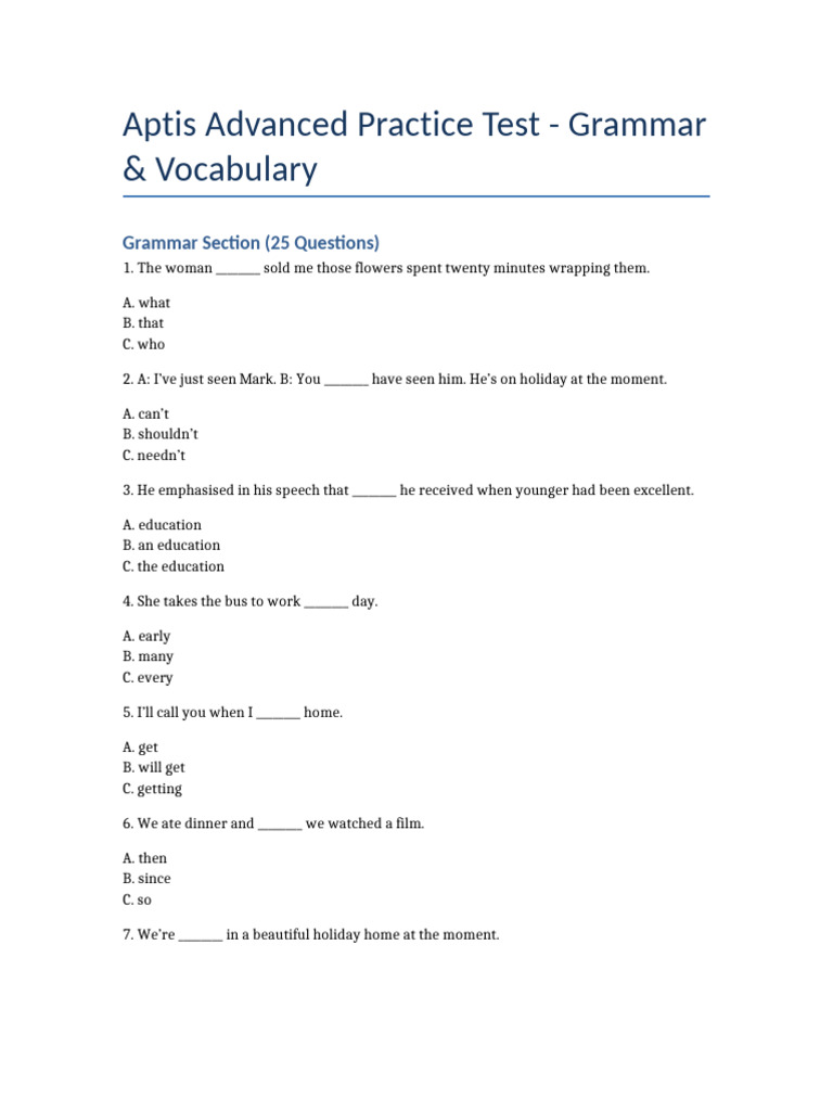 Aptis Advanced Grammar Vocabulary Practice | PDF
