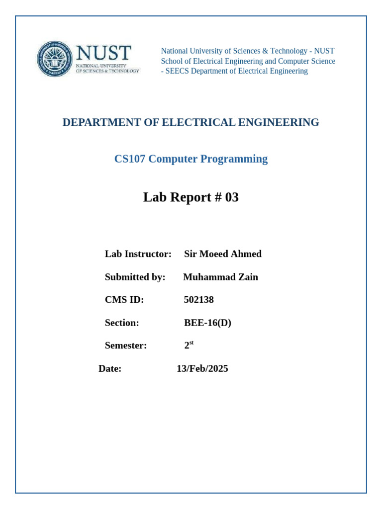 Muhammad Zain 502138 BEE16 (D) Lab#03 | PDF