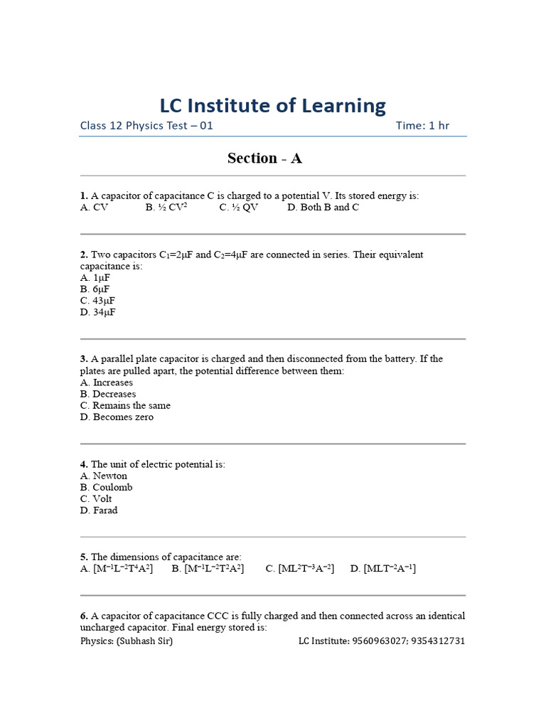 Physics Assigment 2 (Class 12 Chapter 2) | PDF | Capacitance | Capacitor