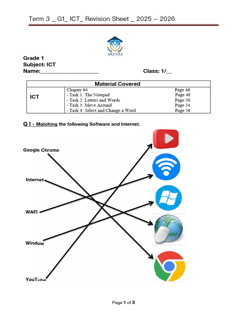 Grade 1 ICT Revision Sheet 2025-2026 | PDF | Control Key | Icon (Computing)