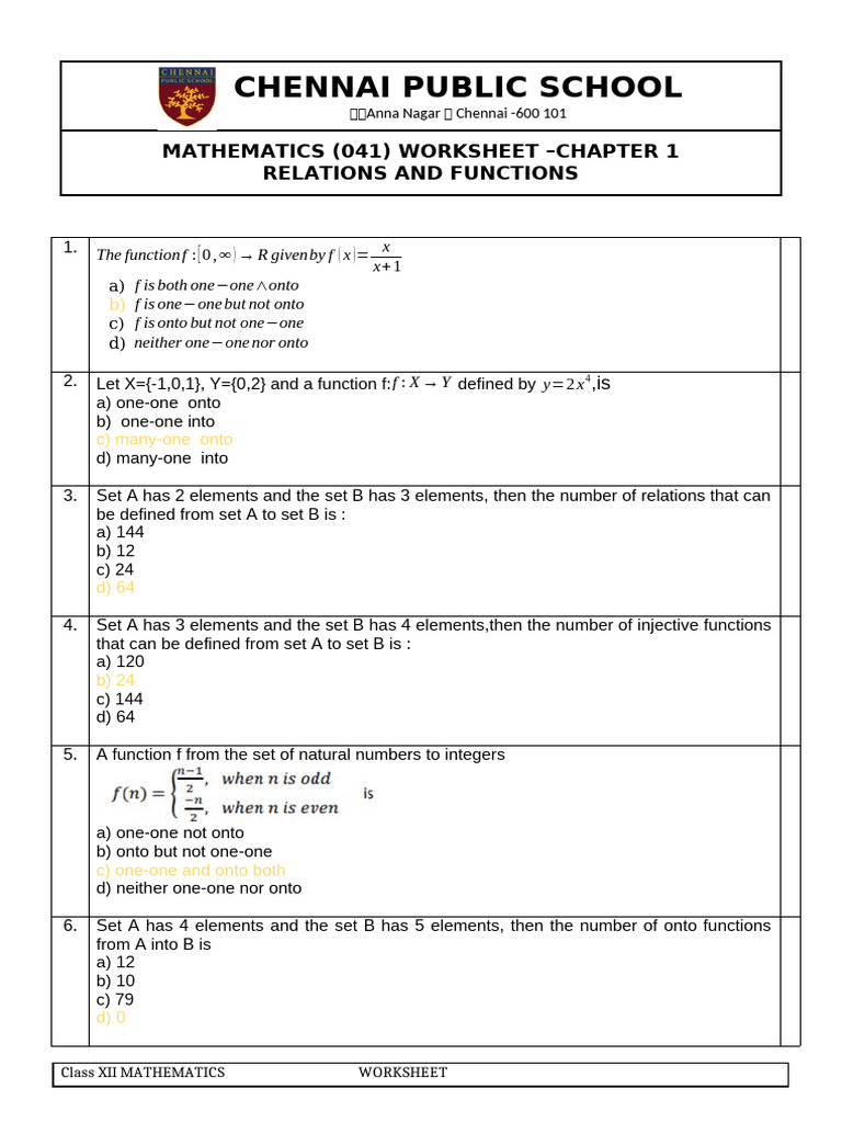 Relations and Functions - Worksheet | PDF | Function (Mathematics ...