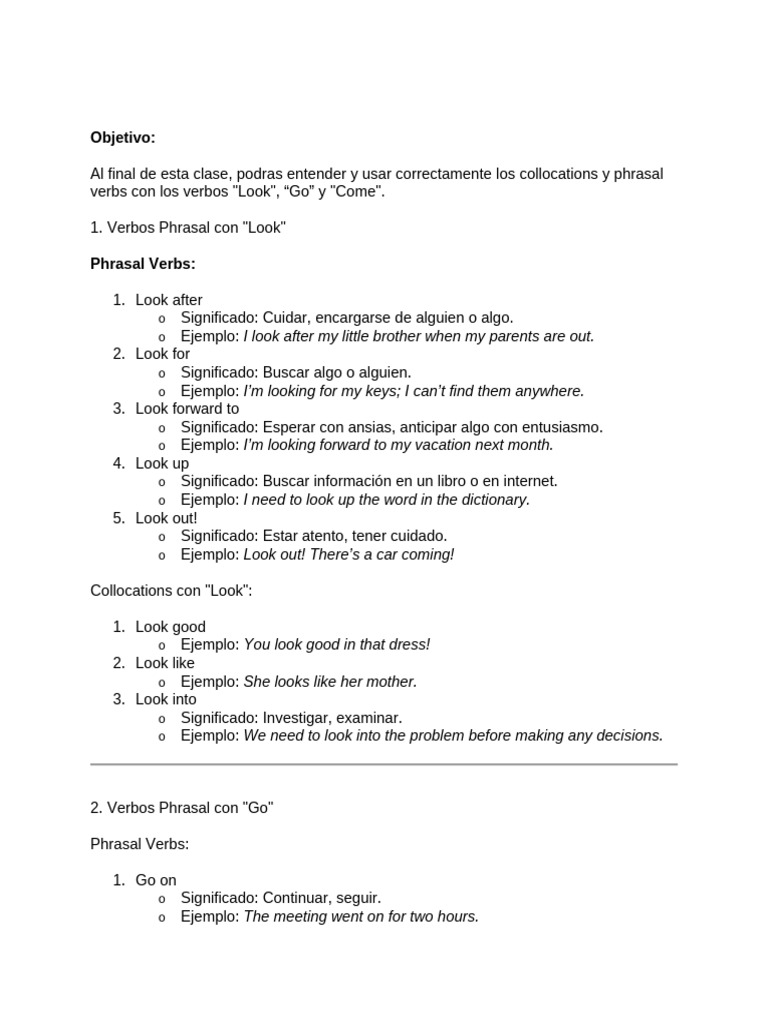 Collocations and Phrasal Verbs With Go, Look, Come | PDF | Lexicology ...