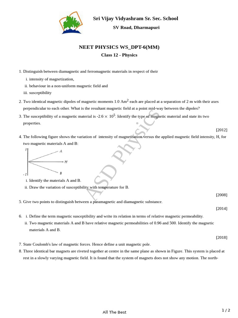 Neet Physics Ws - dpt-6 (MM) | PDF | Magnetism | Magnet