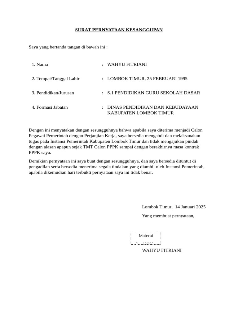 Surat Pernyataan Kesanggupan Wahyu | PDF