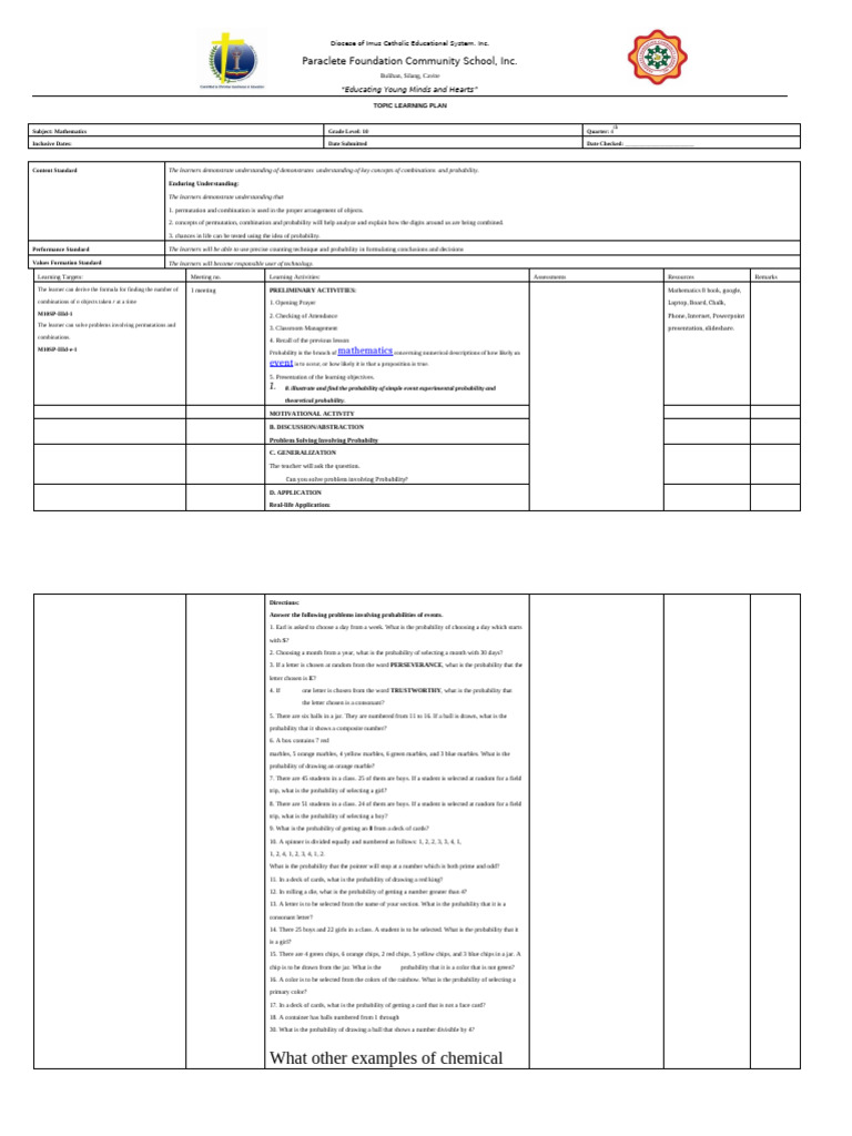 Callos-Lesson Plan in Math 10 Fourth Quarter Week 1 | PDF | Probability ...