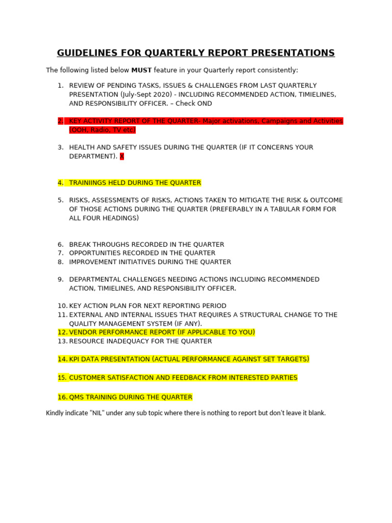 Quarterly Report Presentation Guidelines | PDF