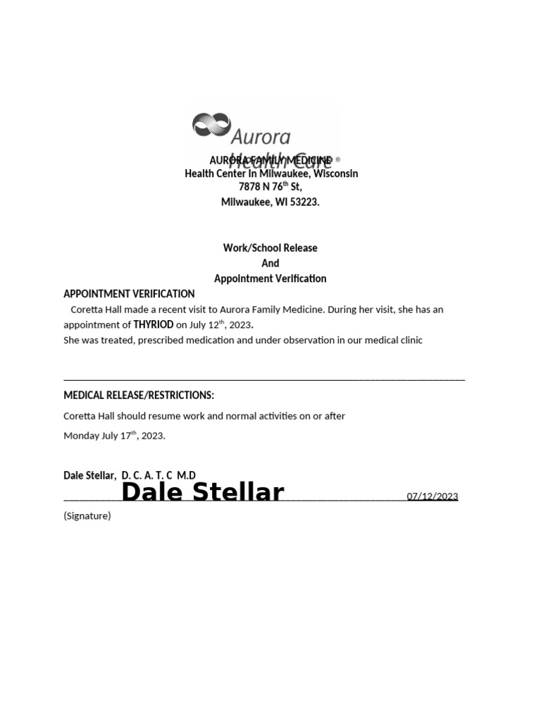 Coretta Hall Work Excuse | PDF