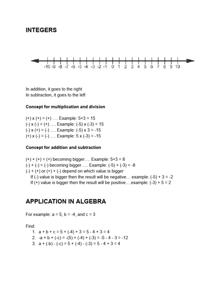 Integers and Algebra Basic Concept | PDF