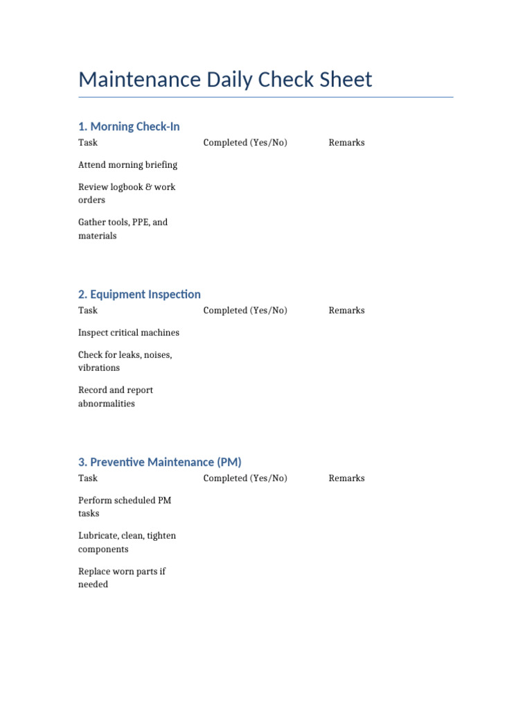 Maintenance Daily Check Sheet | PDF