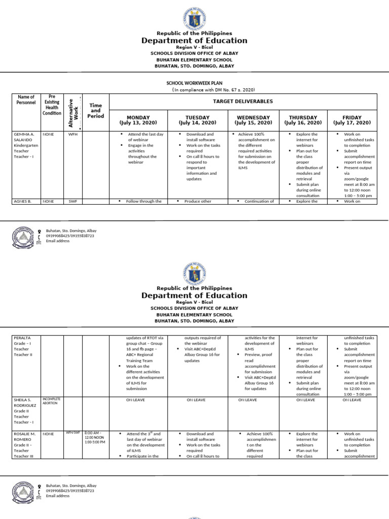 Bes Workweek Plan July 20 24 | PDF | Workweek And Weekend | Botany