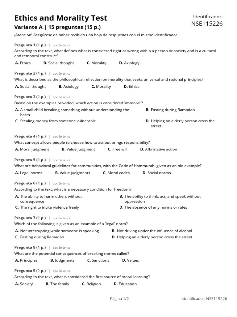 Ethics and Morality Test (Variante A) | PDF | Morality | Liberal Arts ...